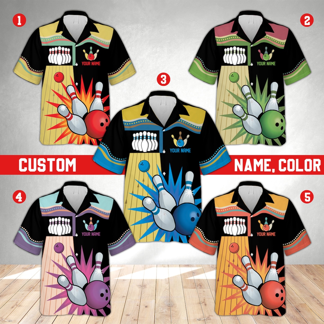 Personalized Retro Bowling Hawaiian Shirt, Custom Name Bowler Button ...