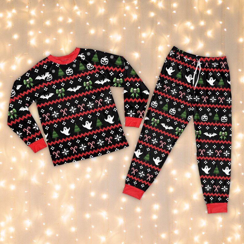 Spooky Christmas Pajamas, Scary Halloween Christmas Holiday Long Sleeve ...