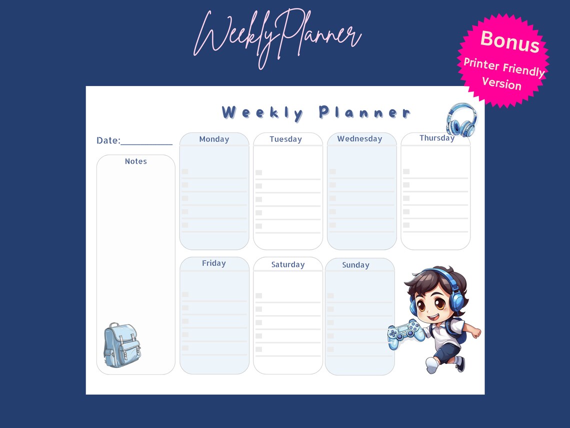 Kids Weekly Planner Printable | Gamer | Daily Checklist | Digital ...