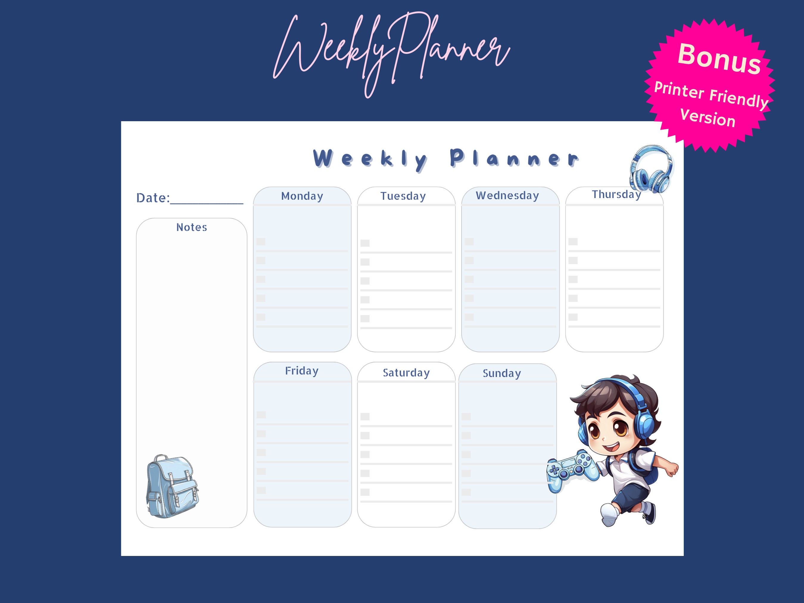 Kids Weekly Planner Printable Gamer Daily Checklist Digital Planner ...