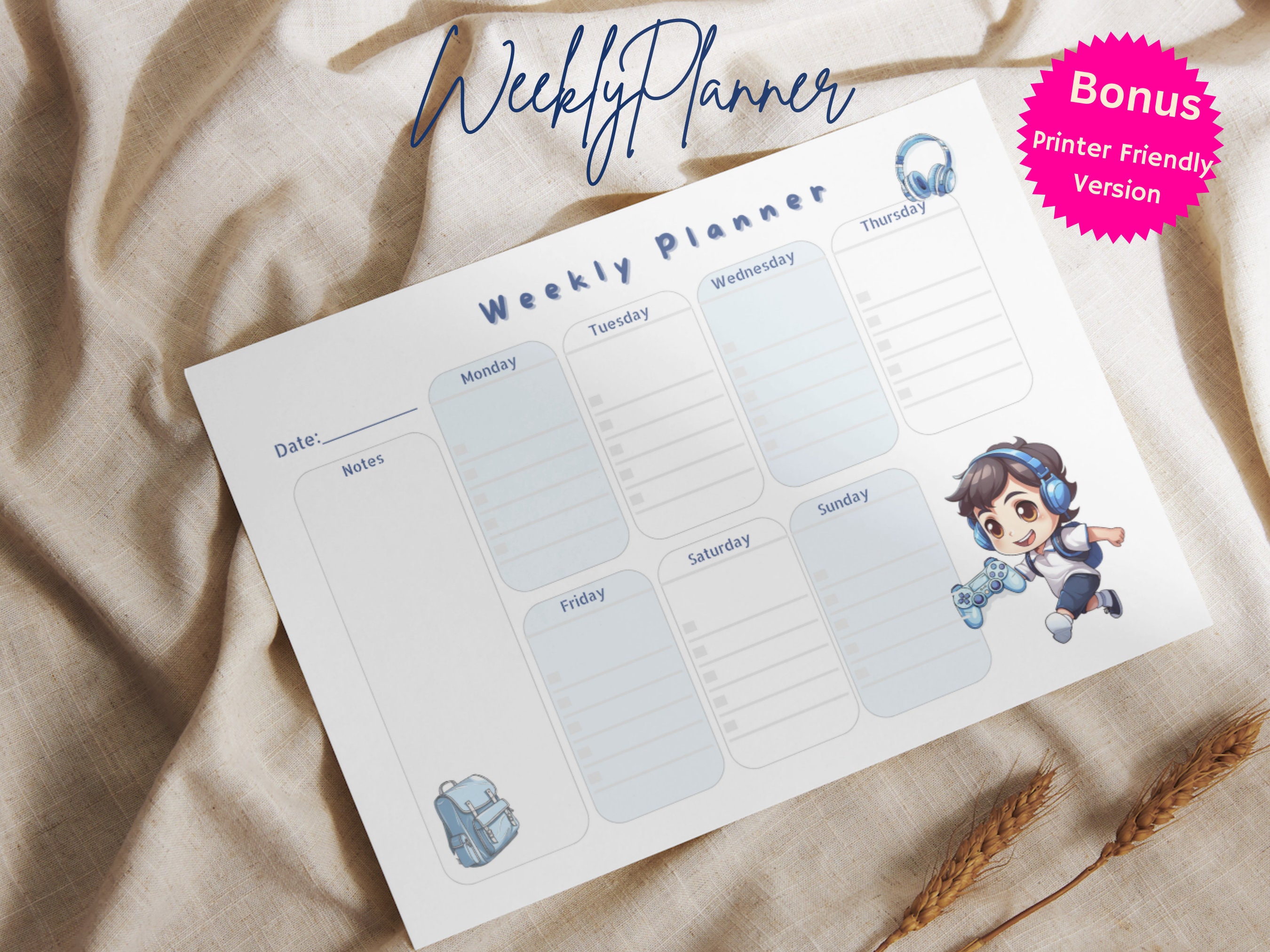 Kids Weekly Planner Printable | Gamer | Daily Checklist | Digital ...