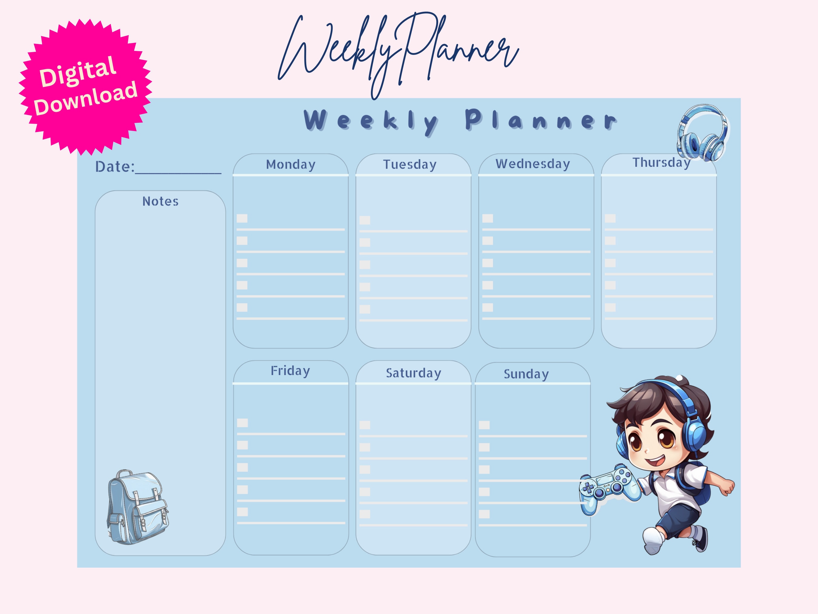 Kids Weekly Planner Printable Gamer Daily Checklist Digital Planner ...