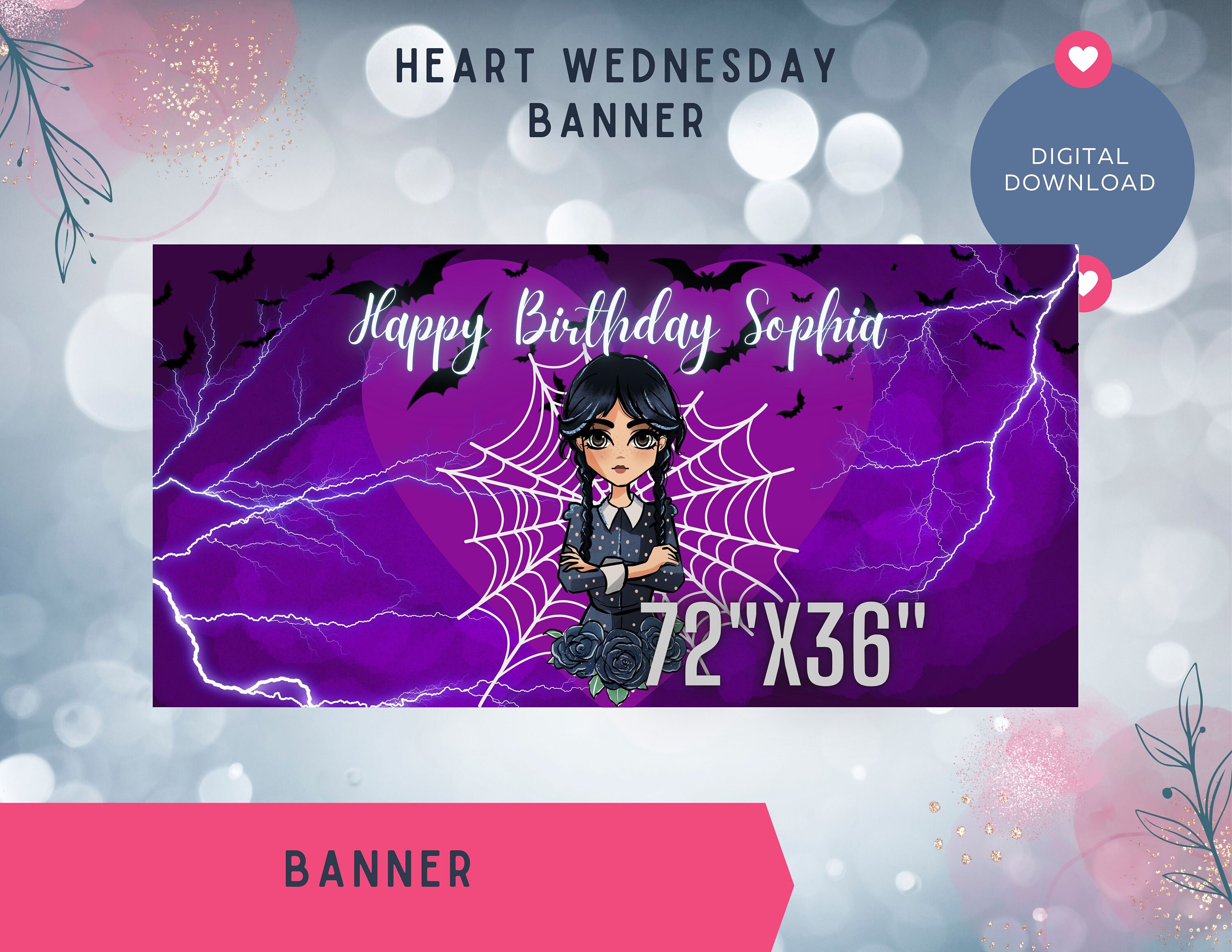 Wednesday Heart Backdrop Birthday Banner 72x36 - Etsy