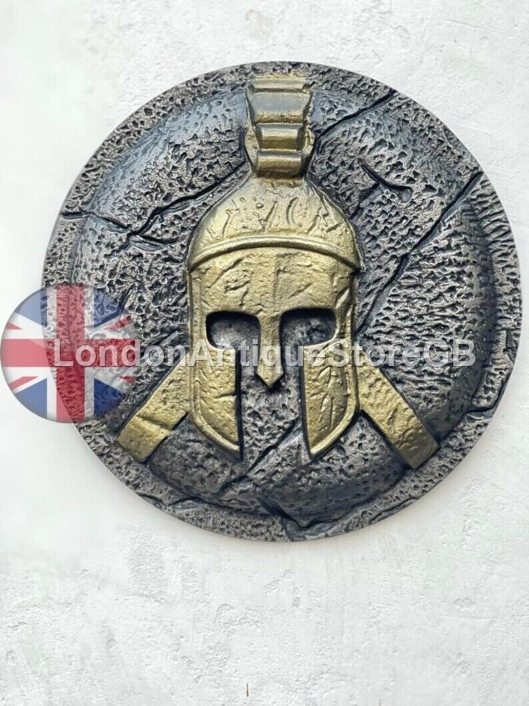 Battle Worn Spartan Helmet Hoplite Corinthian Mask on Shield Molon Labe ...