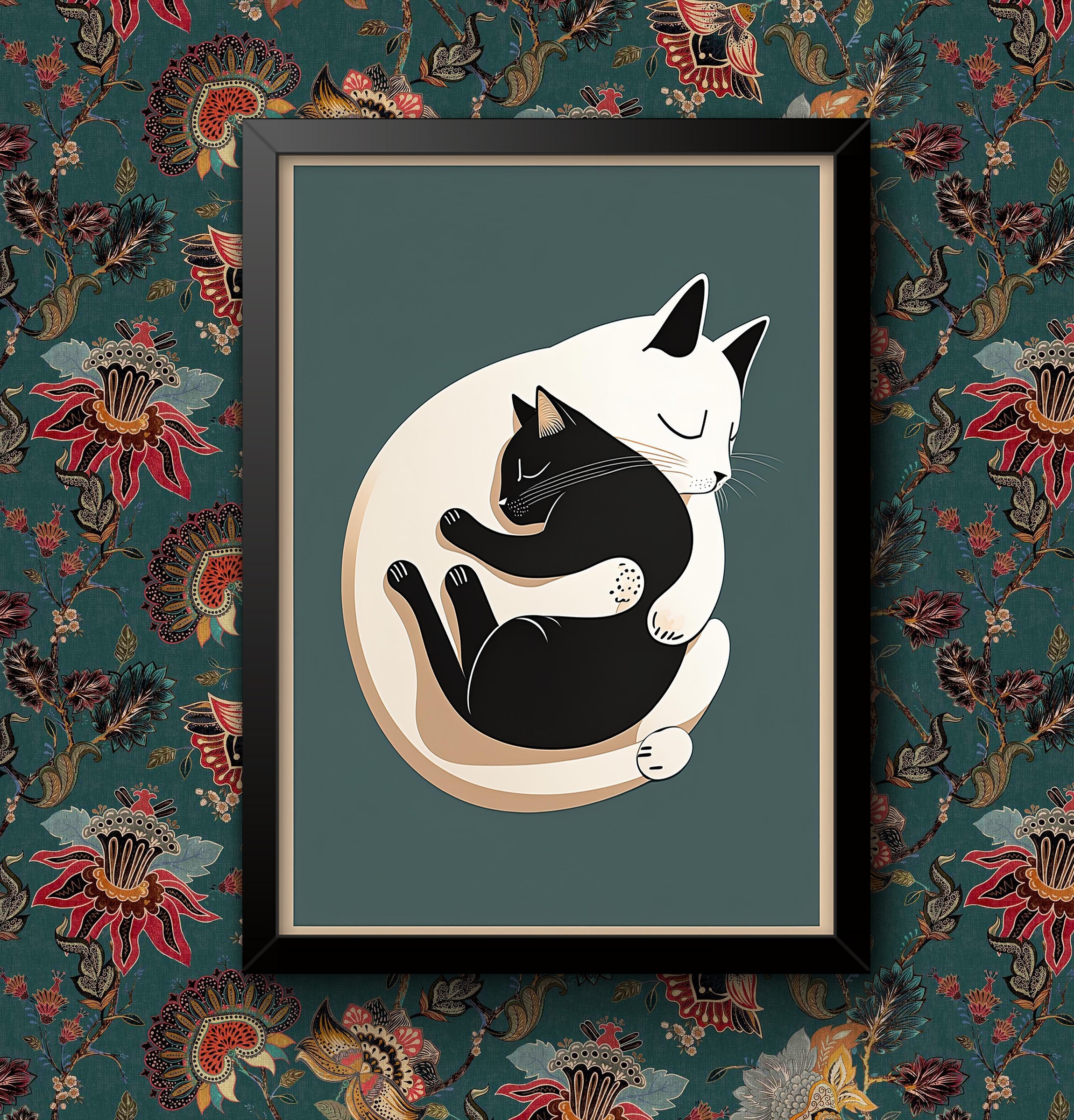 Black Cat White Dog Cuddling Cute Poster Decoration Print Animal ...
