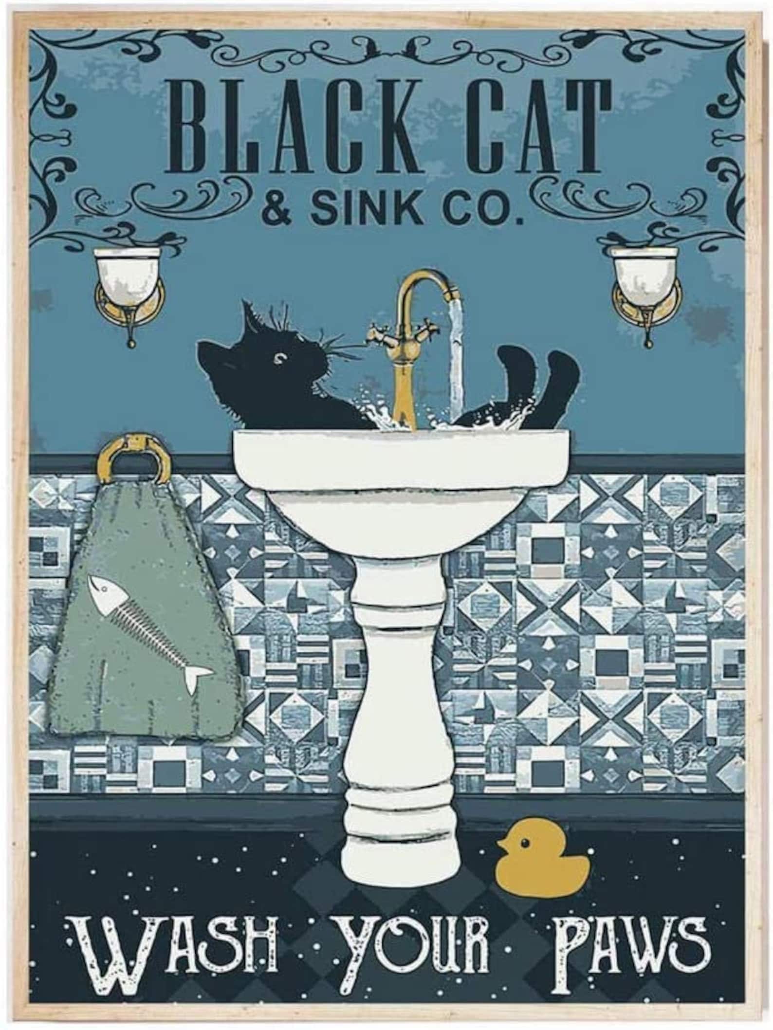 Black Cat Wash Your Paws Poster Bathroom Decoration Print Animal ...