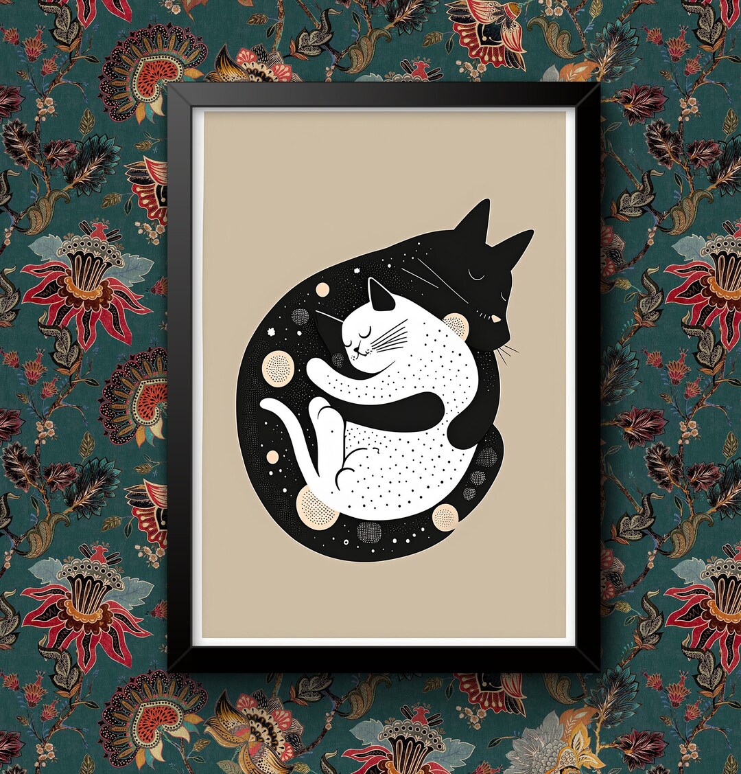 Black Cat White Dog Cuddling Cute Poster V2 Decoration Print Animal ...