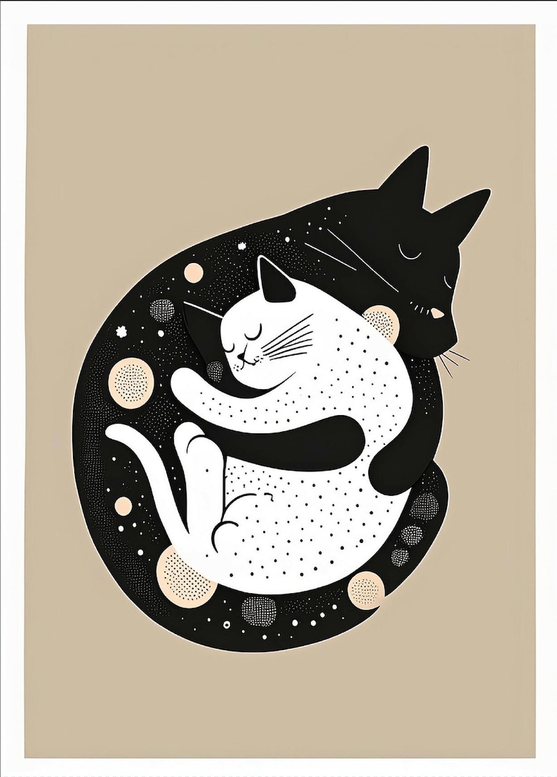 Black Cat White Dog Cuddling Cute Poster V2 Decoration Print Animal ...