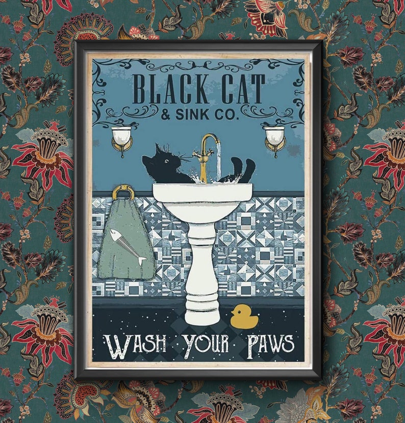 Black Cat Wash Your Paws Poster Bathroom Decoration Print - Etsy