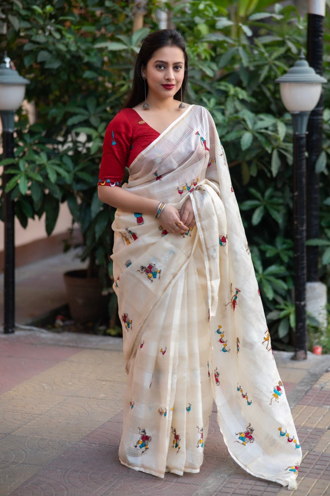 Manipuri Kota Chex Saree With All Over Worli Style Embroidery - Etsy