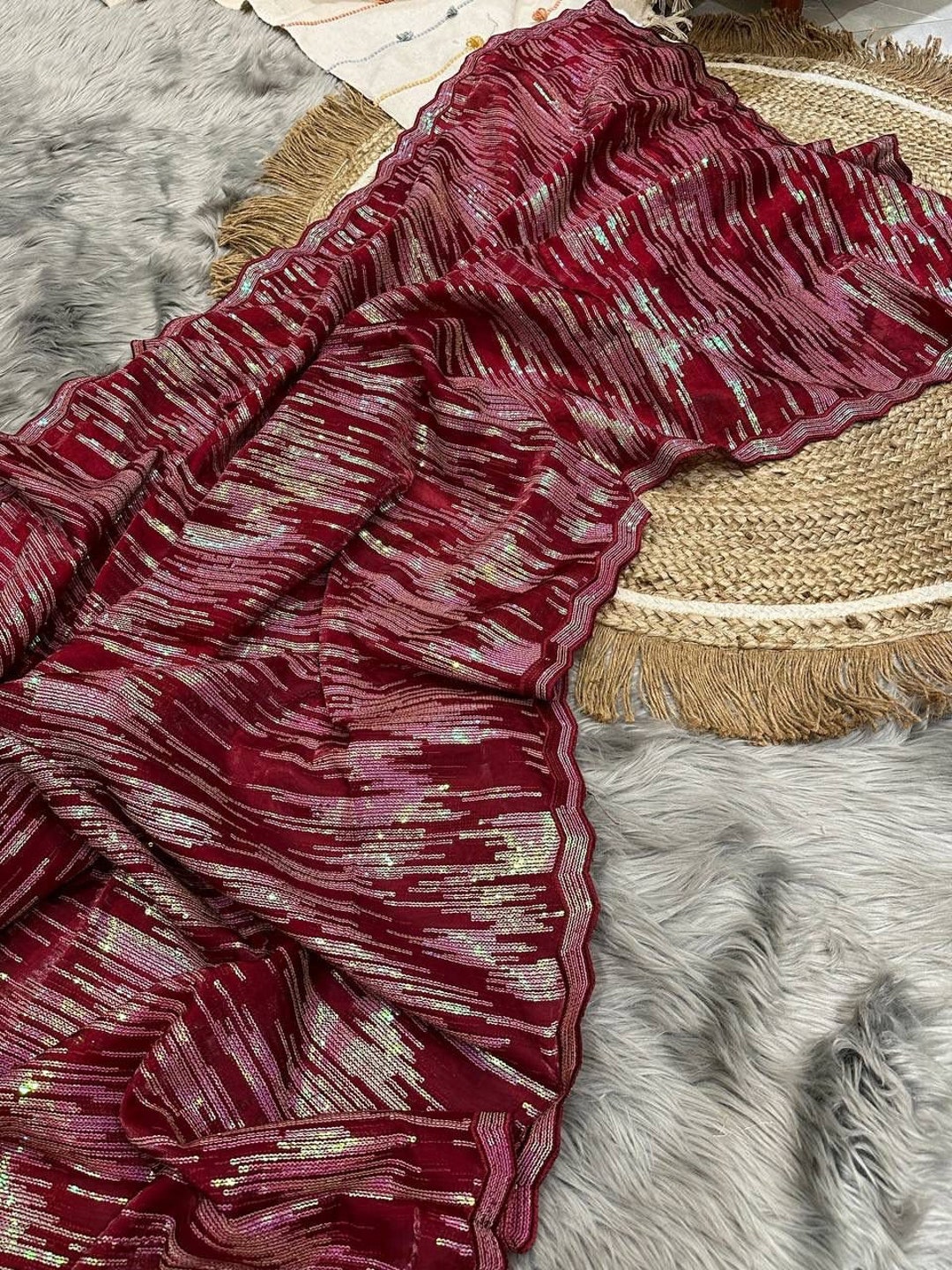 Georgette Sequence Work Saree, Sequins Saree With Raw Silk Blouse for ...