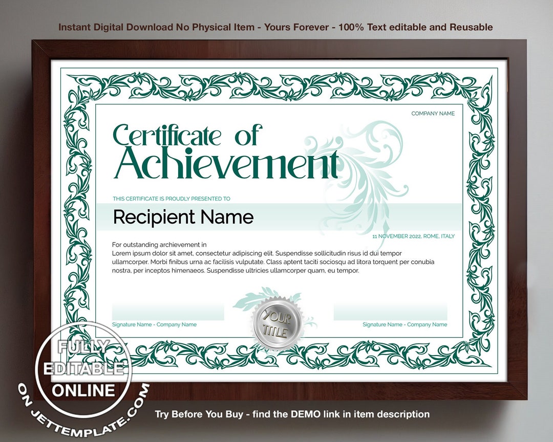 Emerald Green Classy Certificate of Achievement Printable, Fully ...