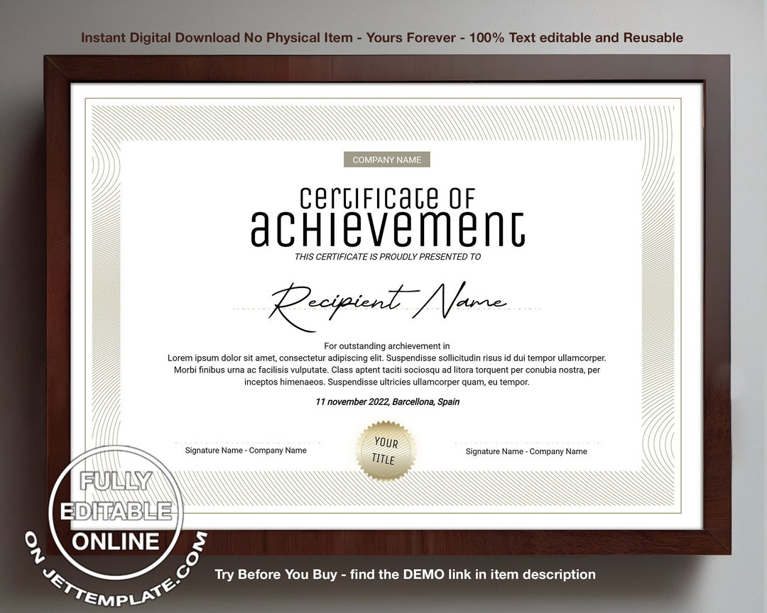 Modern Classy Minimal Certificate of Achievement Printable, Gold Accent ...