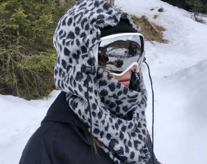 Gray Leopard Ski Hood, Capuchon Hat, Fits Over Helmet, Bivak Hood ...