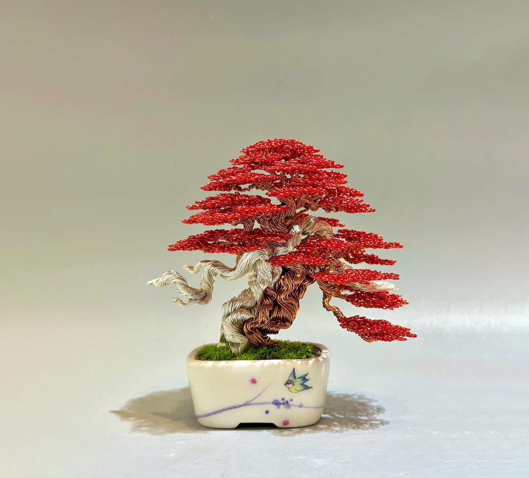 Copper Wire Bonsai Tree With Red Leaves and White Driftwood, Wire Tree ...
