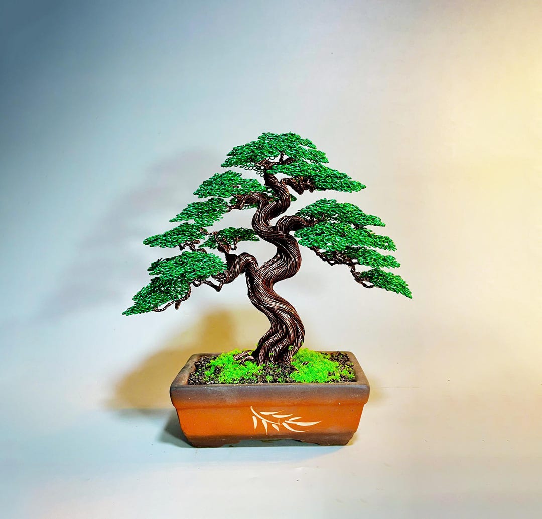 Wire Bonsai Tree, Copper Wire Sculpture, Green Foliage, Handmade ...