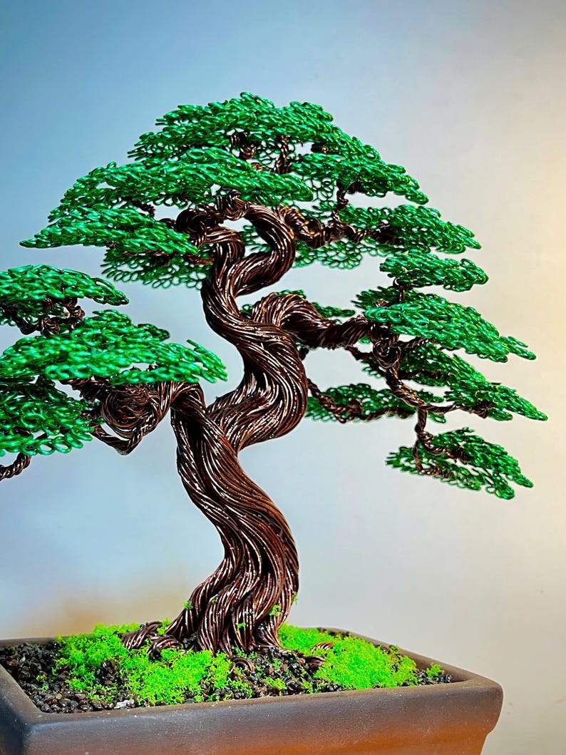Wire Bonsai Tree, Copper Wire Sculpture, Green Foliage, Handmade ...