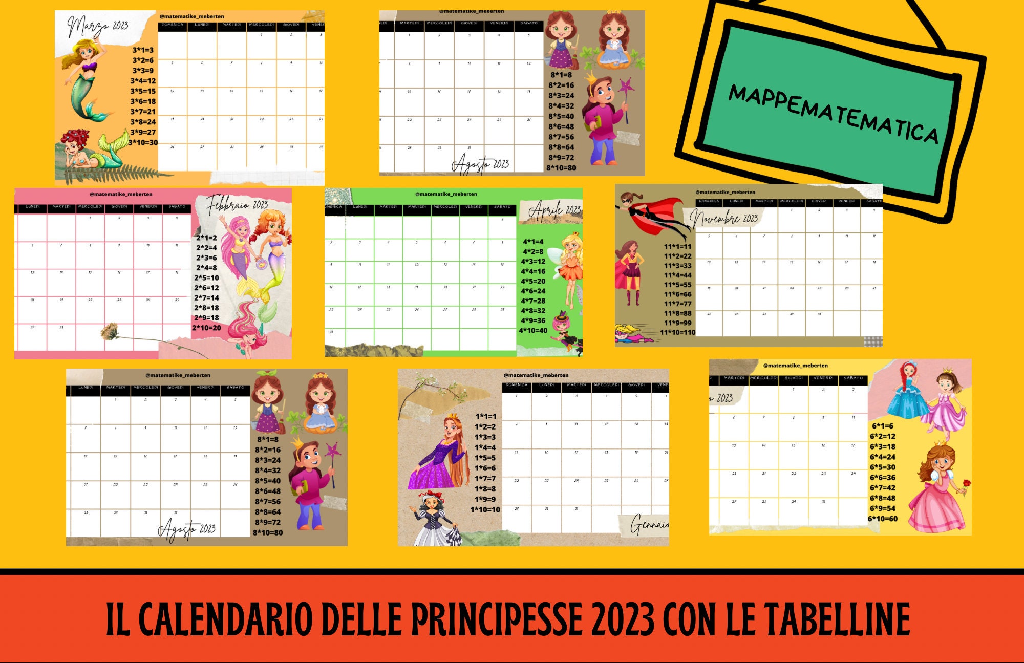 Princesses Calendar With Multiplication Tables - Etsy