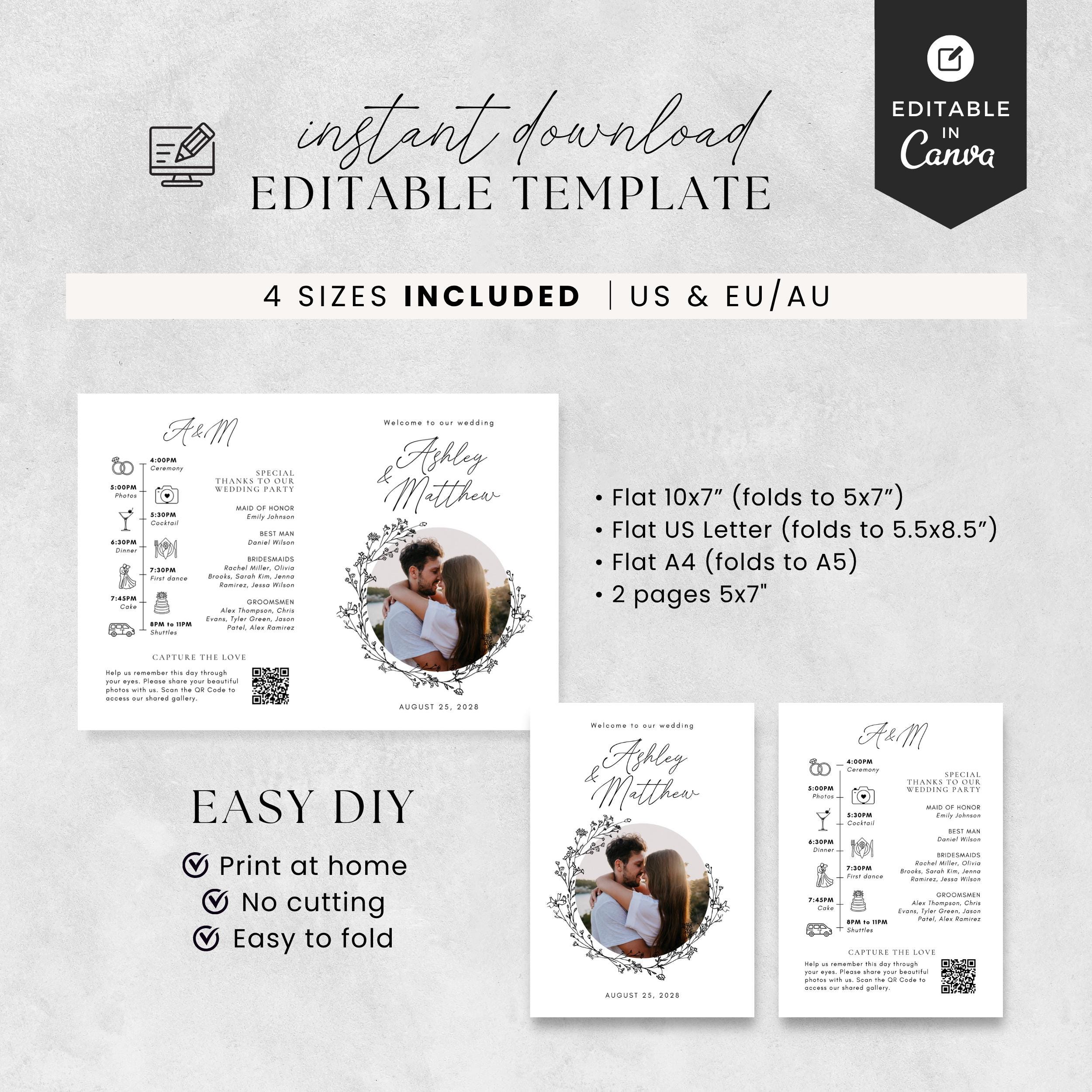 Infographic Wedding Fan Program Wildflower Template Canva, Folded ...