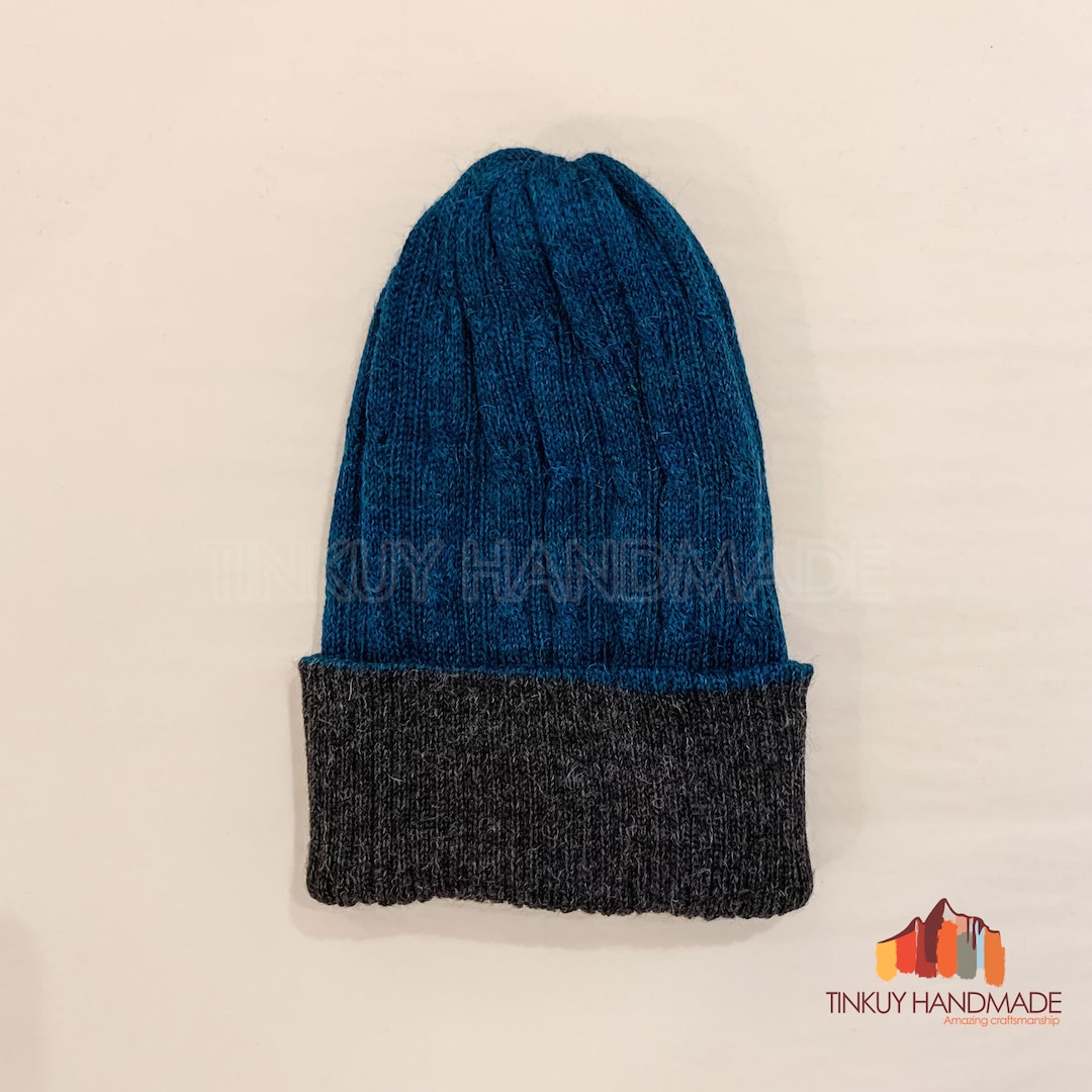 Reversible Beanie Blue and Grey, Alpaca Wool Winter Hat Blue and Grey ...