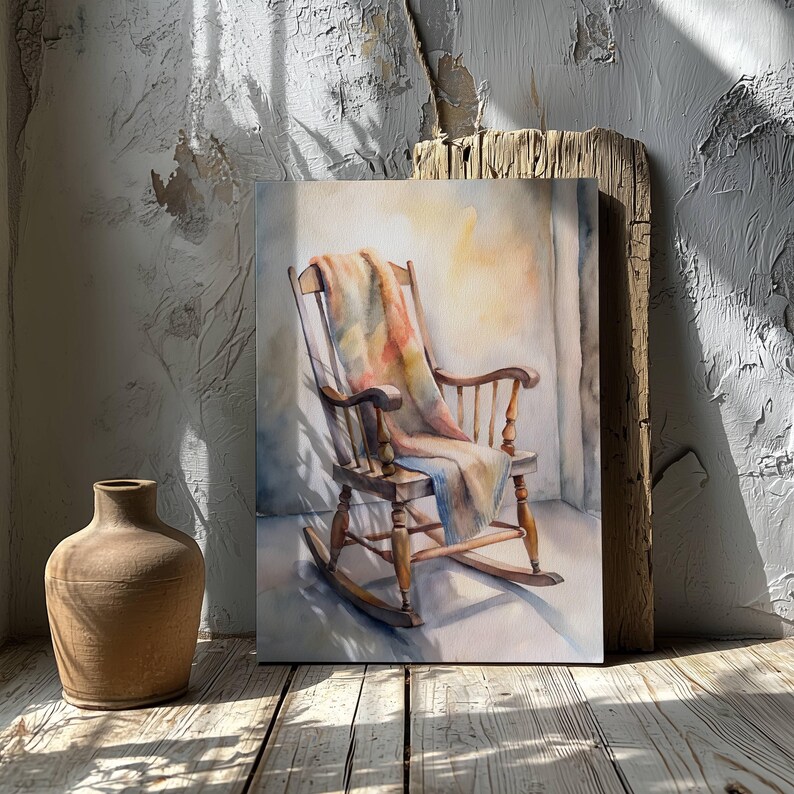 Vintage Watercolor Rocking Chair Print, Cozy Rustic Digital Art ...