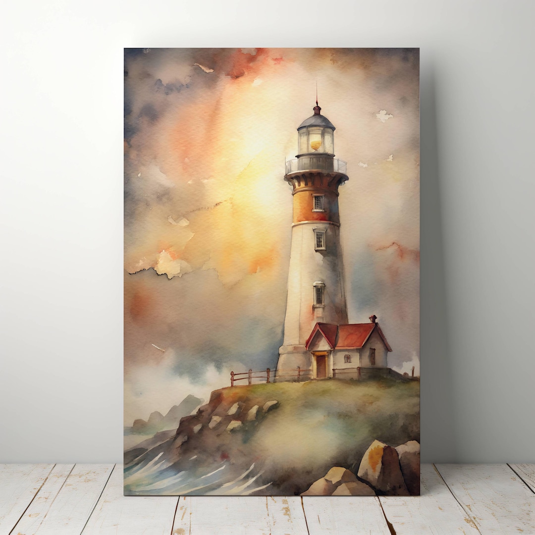 Vintage Lighthouse Watercolor Print, Nautical Digital Art, Coastal Seascape, Retro Ocean Decor ...