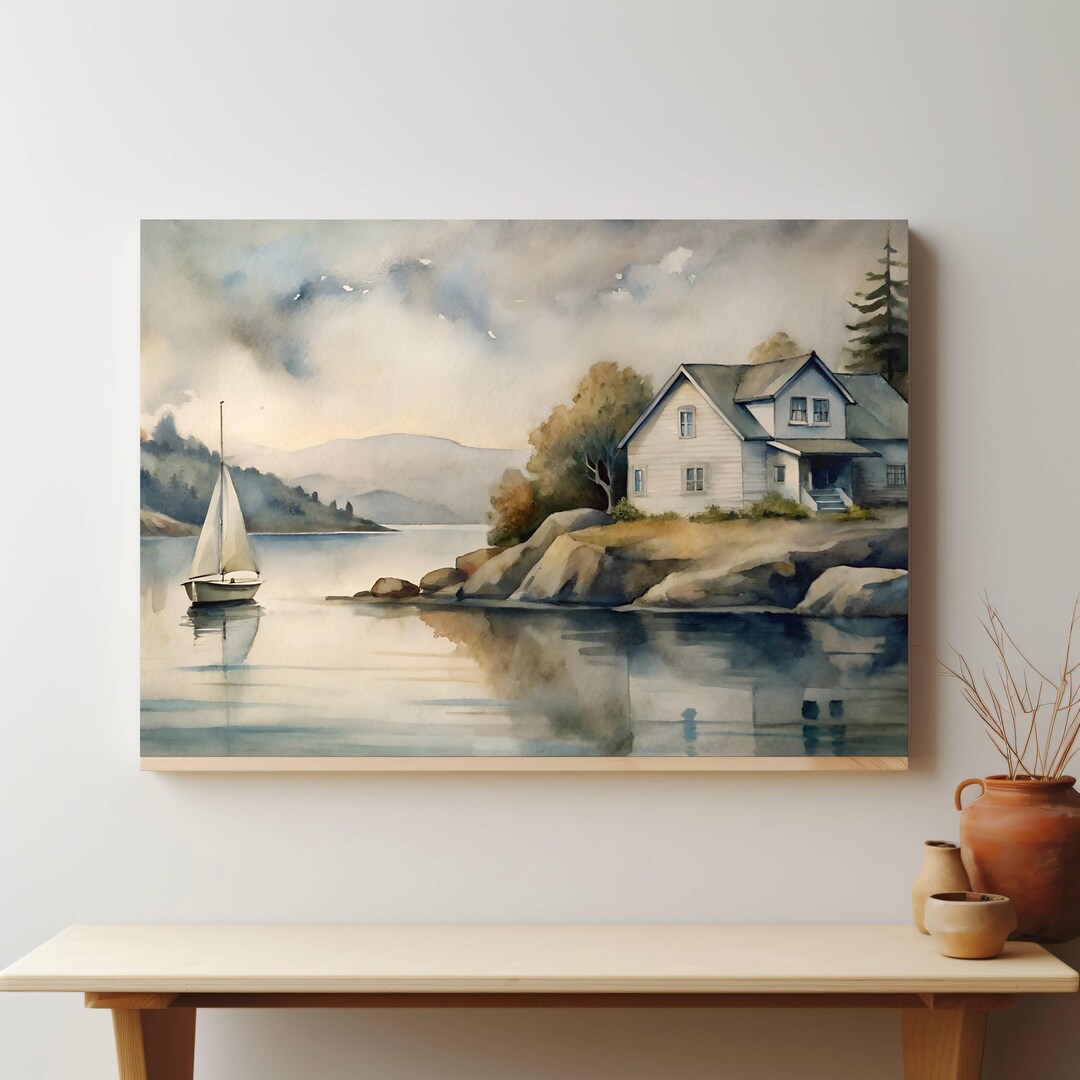 Vintage Lake House Watercolor, Serene Coastal Landscape With Sailboat ...