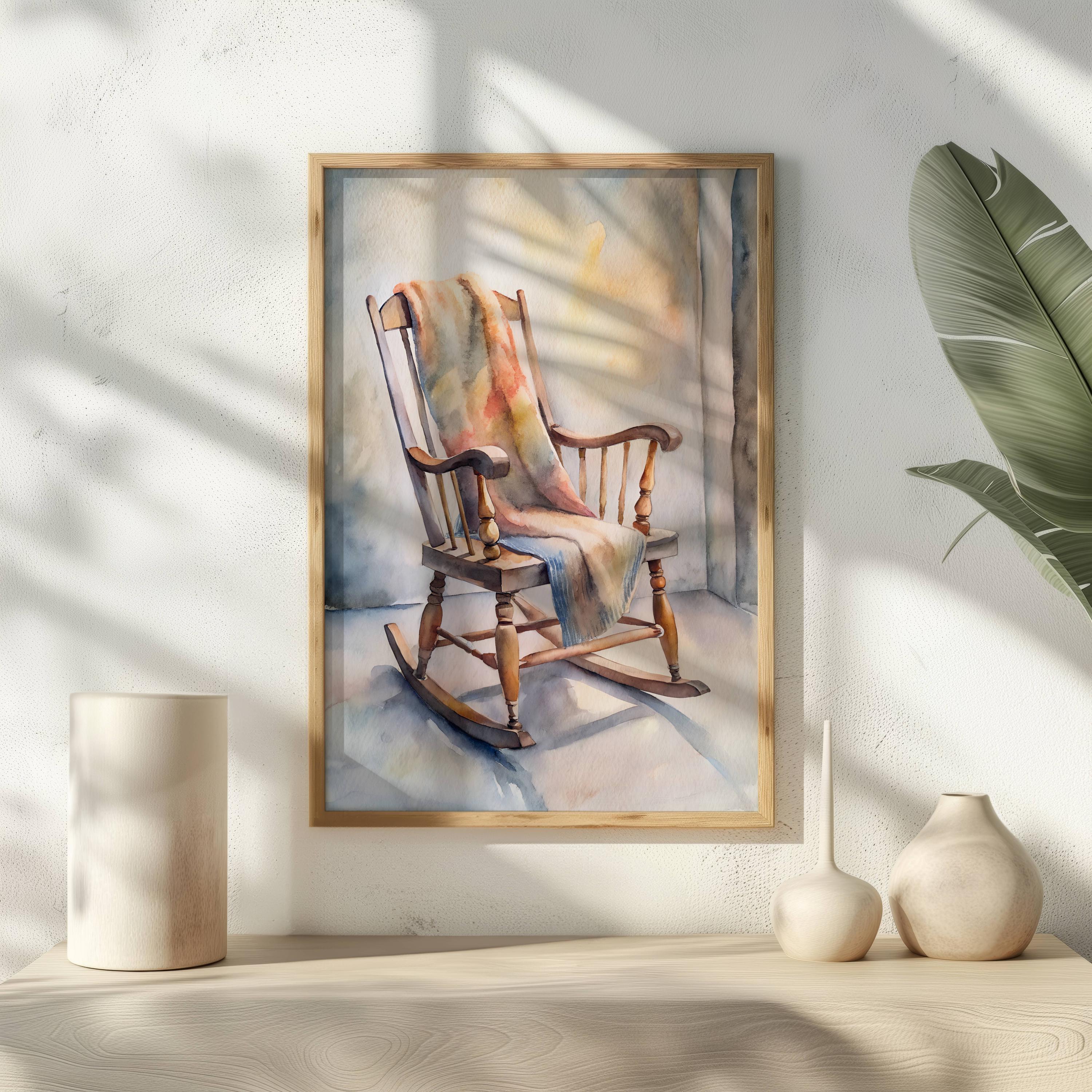 Vintage Watercolor Rocking Chair Print, Cozy Rustic Digital Art ...