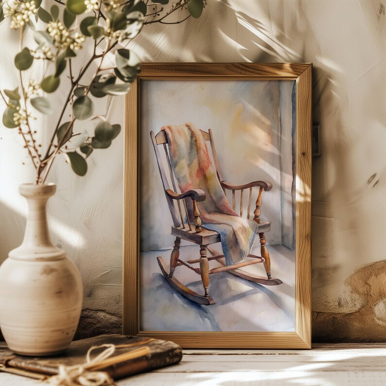 Vintage Watercolor Rocking Chair Print, Cozy Rustic Digital Art ...
