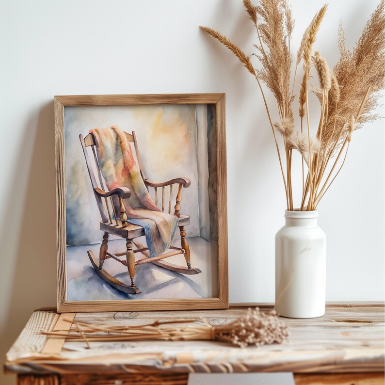 Vintage Watercolor Rocking Chair Print, Cozy Rustic Digital Art ...