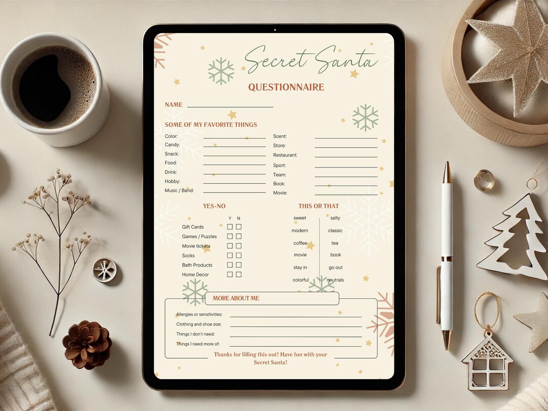 Secret Santa Questionnaire Printable Minimal Christmas Gift Exchange ...