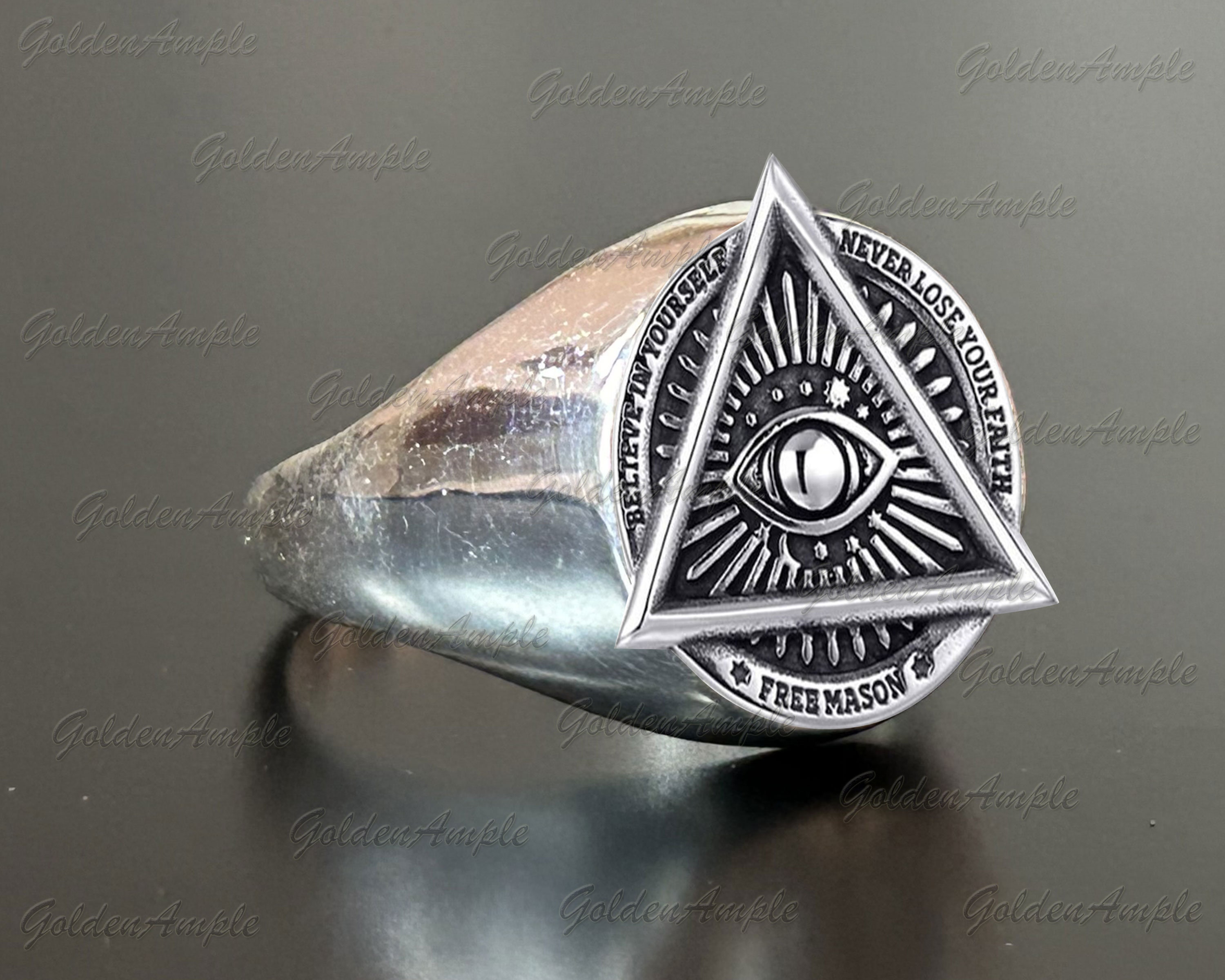 Freemason Illuminati Triangle Masonic Solid Sterling Silver Ring, Mens ...