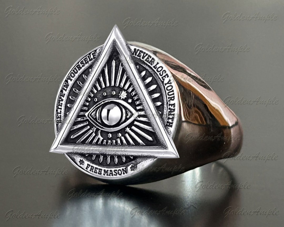 Freemason Illuminati Triangle Masonic Solid Sterling Silver Ring, Mens ...