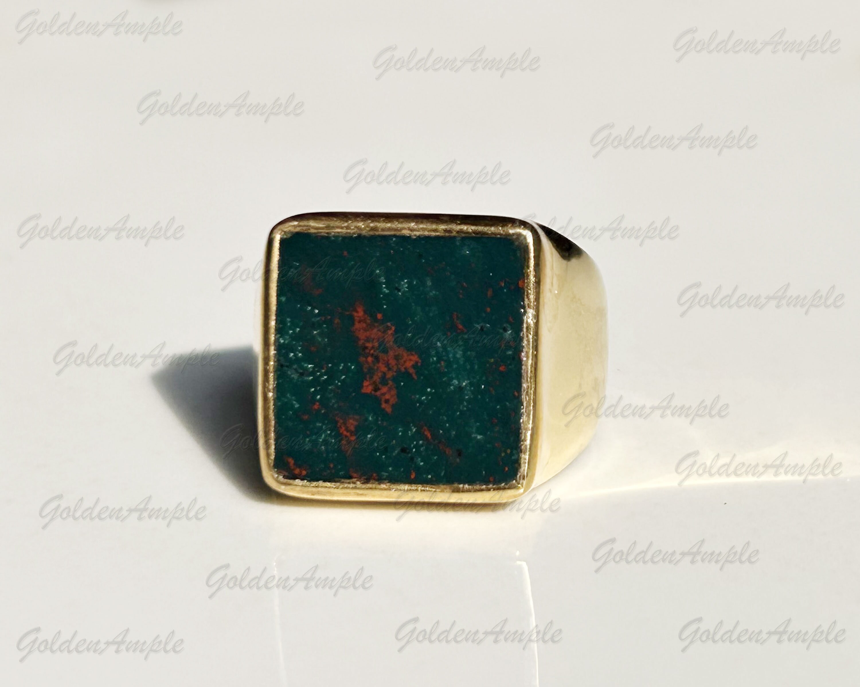 Men's Heavy Bloodstone Square Signet Ring Solid 925 Silver March ...