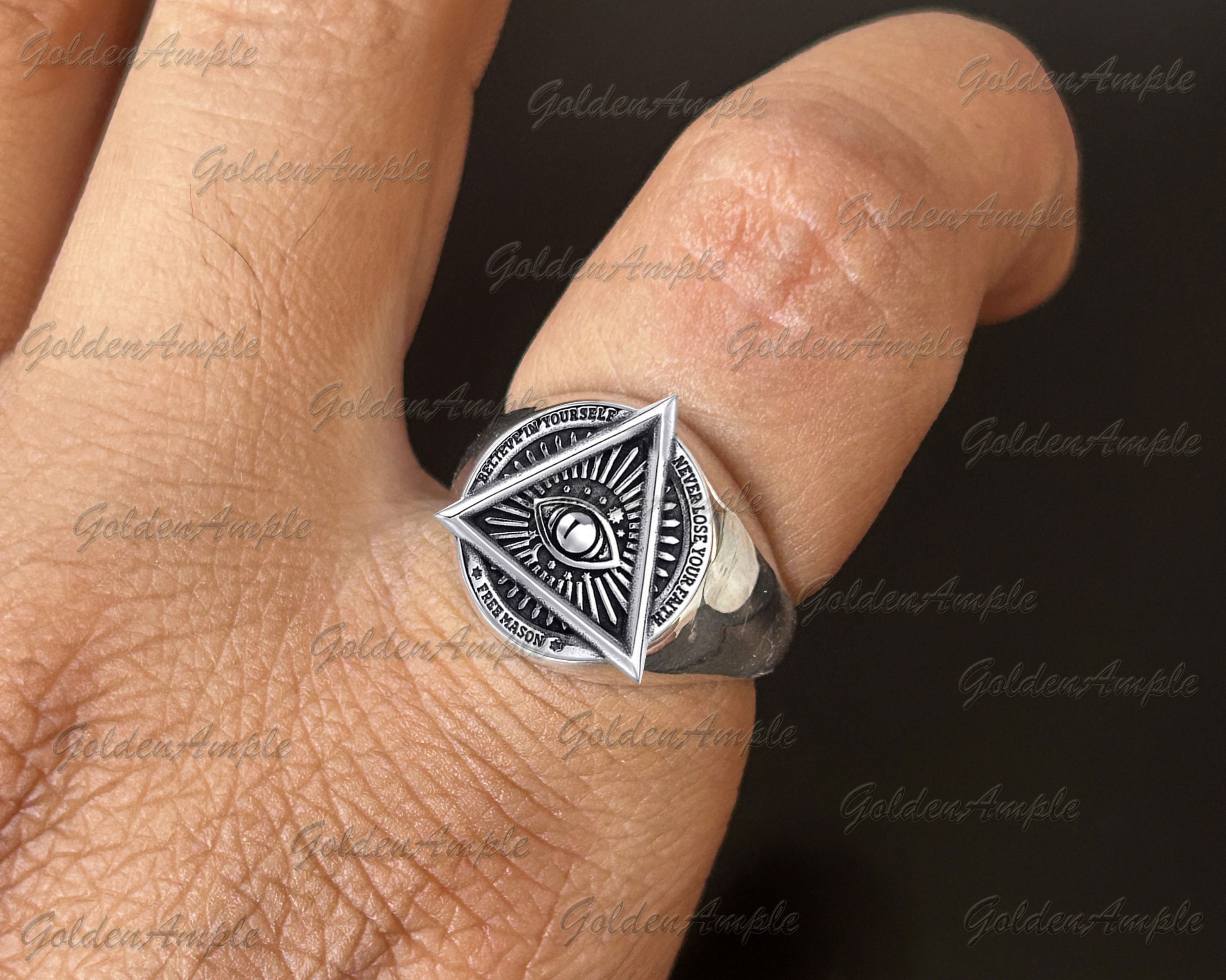 Freemason Illuminati Triangle Masonic Solid Sterling Silver Ring, Mens ...