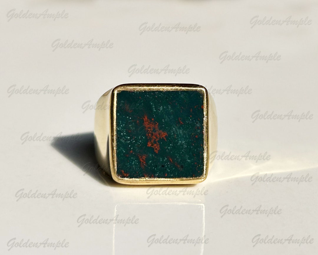 Men's Heavy Bloodstone Square Signet Ring Solid 925 Silver March ...