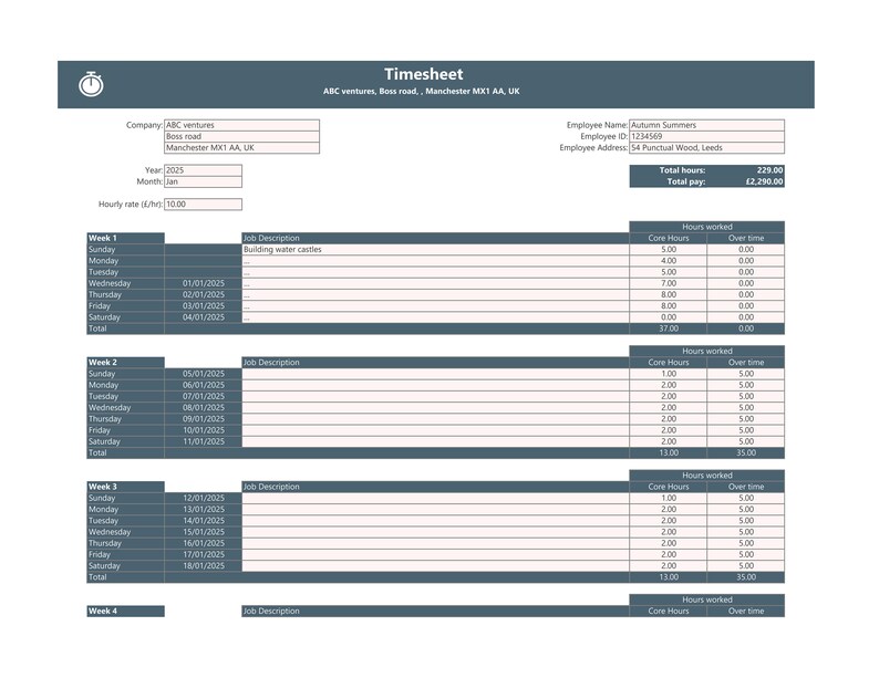 Timesheet Excel Template | Printable | Editable | Pay Calculator - Etsy