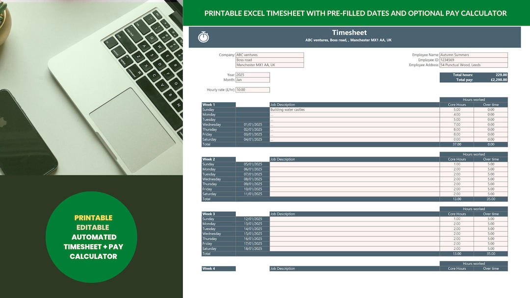 Timesheet Excel Template | Printable | Editable | Pay Calculator - Etsy