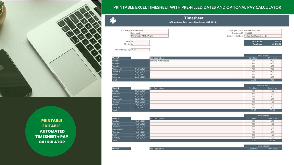 Timesheet Excel Template | Printable | Editable | Pay Calculator - Etsy