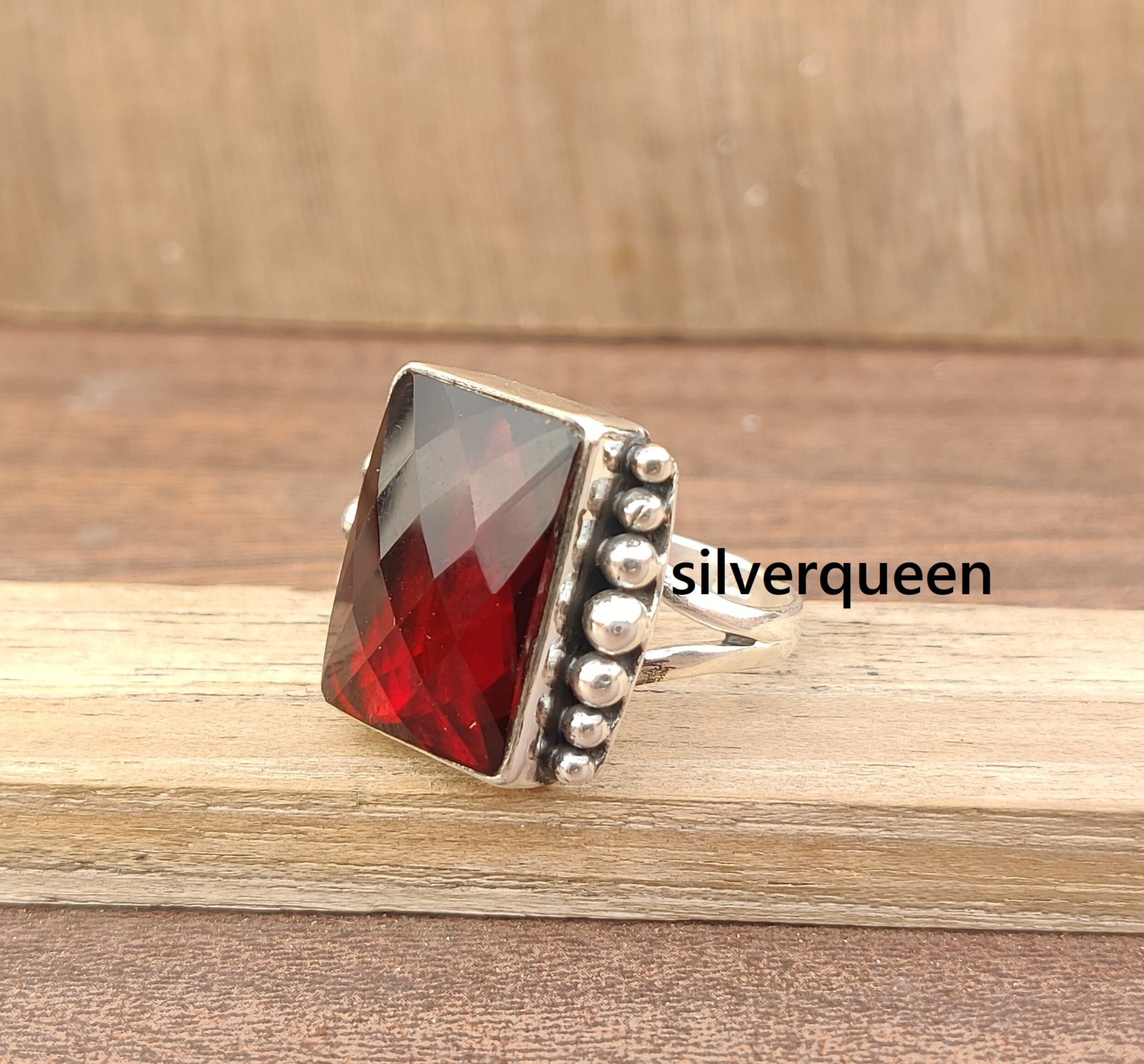Square Red Garnet Ring: Sterling Silver Floral Art Deco - Etsy