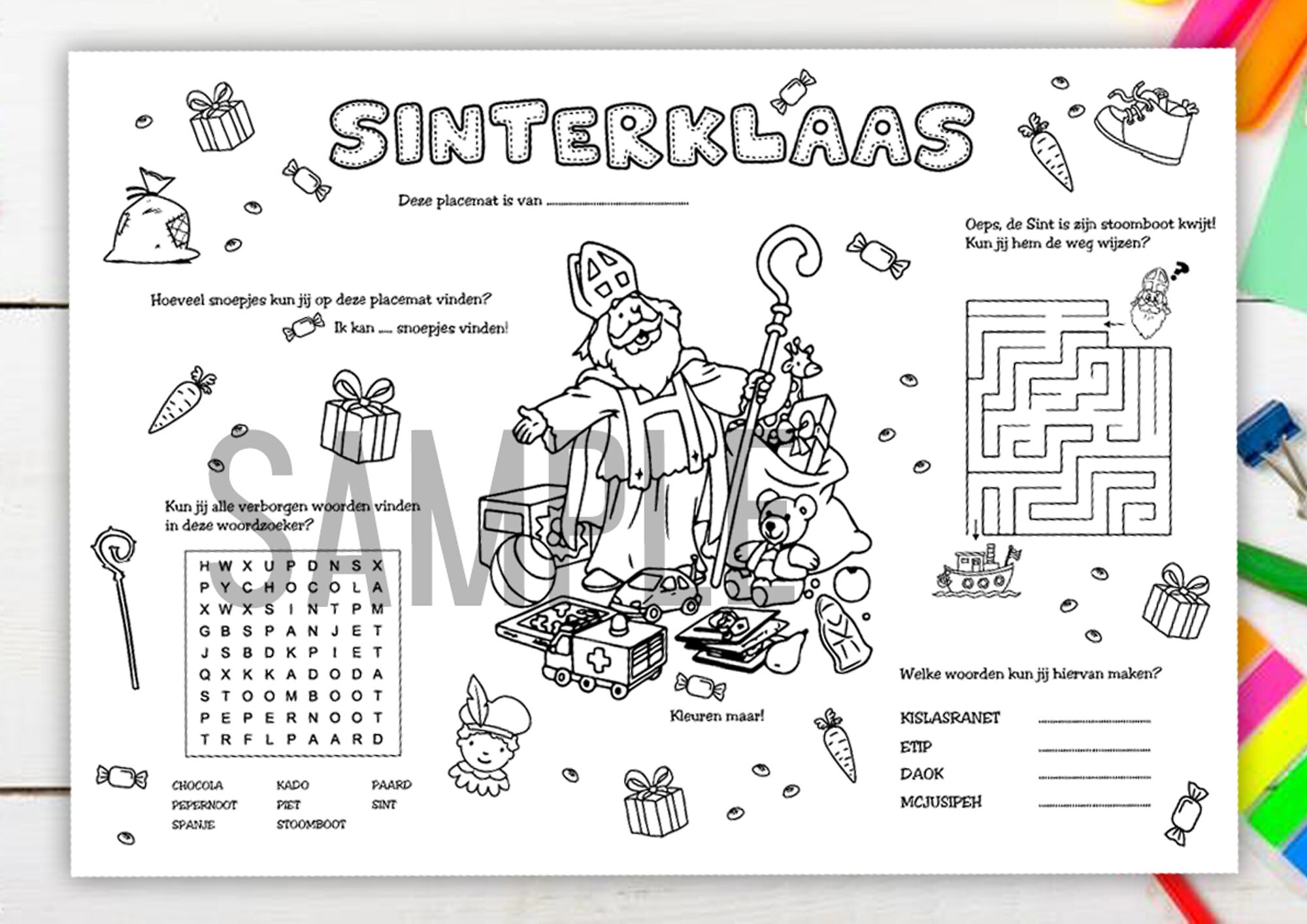 Sinterklaas Placemat With Coloring Page for Children. Instant PDF ...