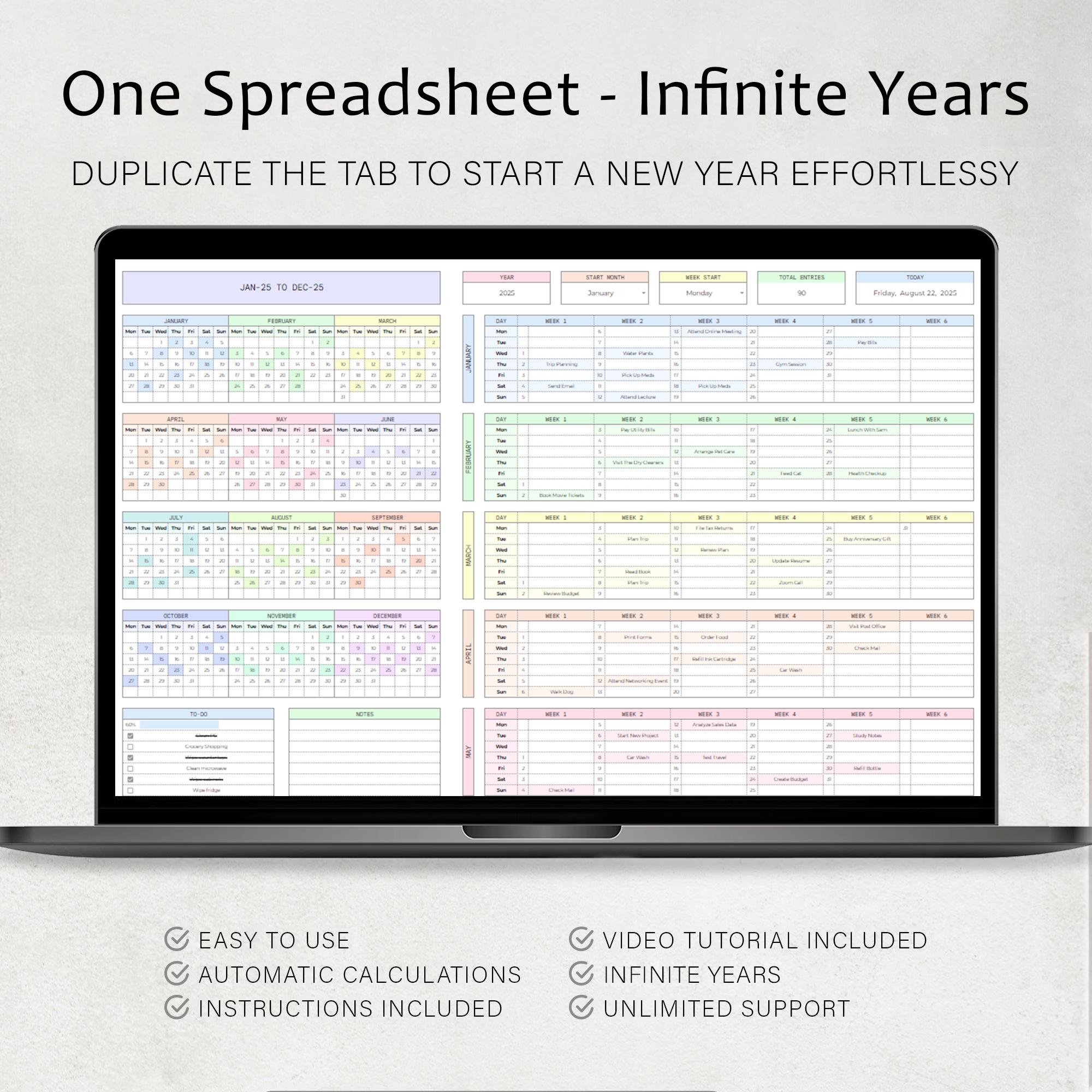 Year at A Glance Planner Spreadsheet Yearly Overview Template Monthly ...