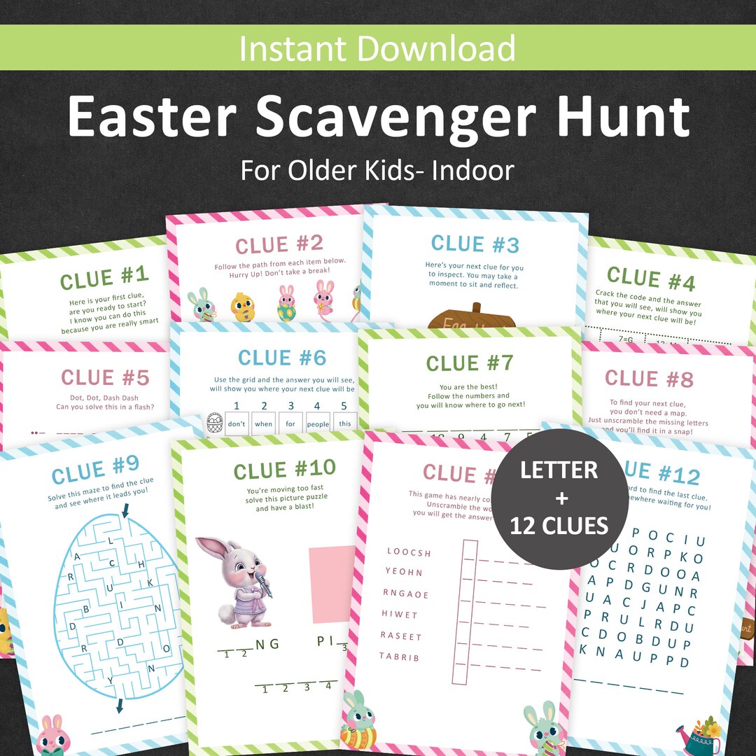 Easter Scavenger Hunt for Teens Easter Egg Hunt Clues Easter Bunny ...