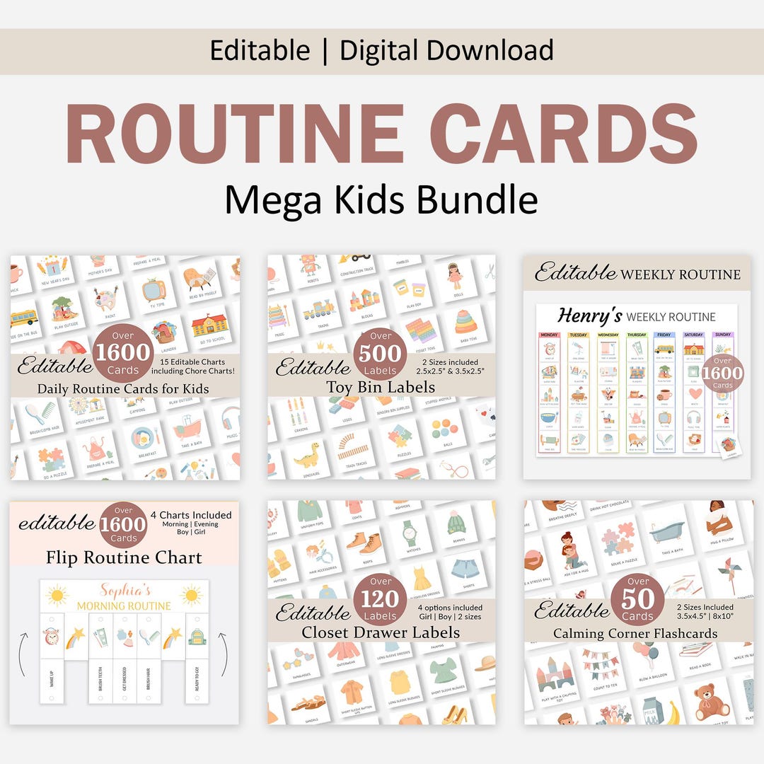 Kids Daily Routine Cards Chore Chart Toy Bin Labels Visual Schedule ...