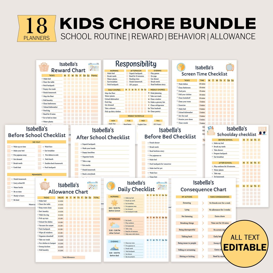 Kids Chore Chart School Routine Daily Checklist Reward Chart Allowance ...