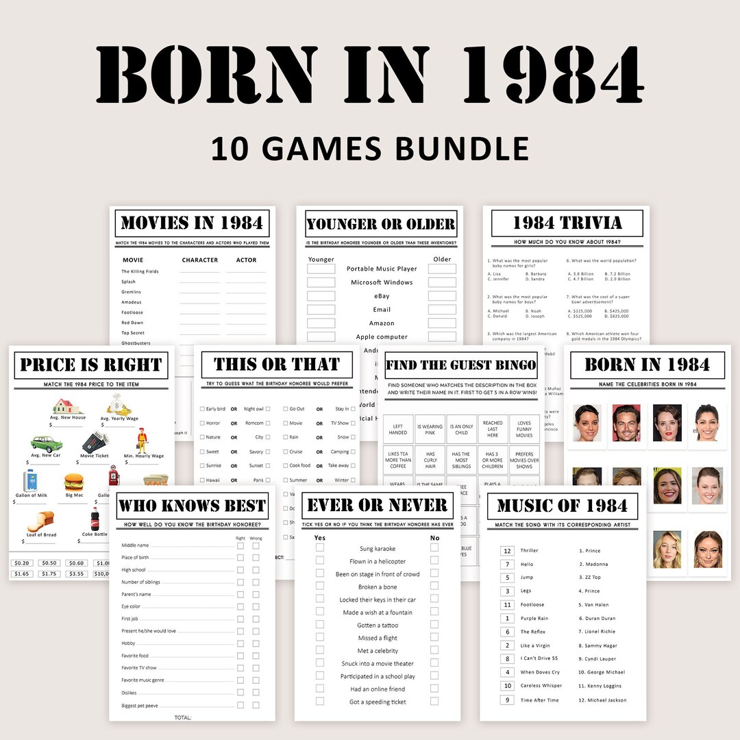 40th Birthday Games Bundle 40th Birthday Party Games 1984 Trivia Born ...