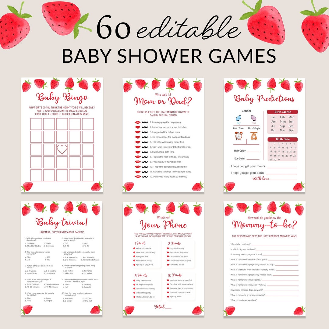 Strawberry Baby Shower Games Bundle Straw Berry Party Activity Berries ...