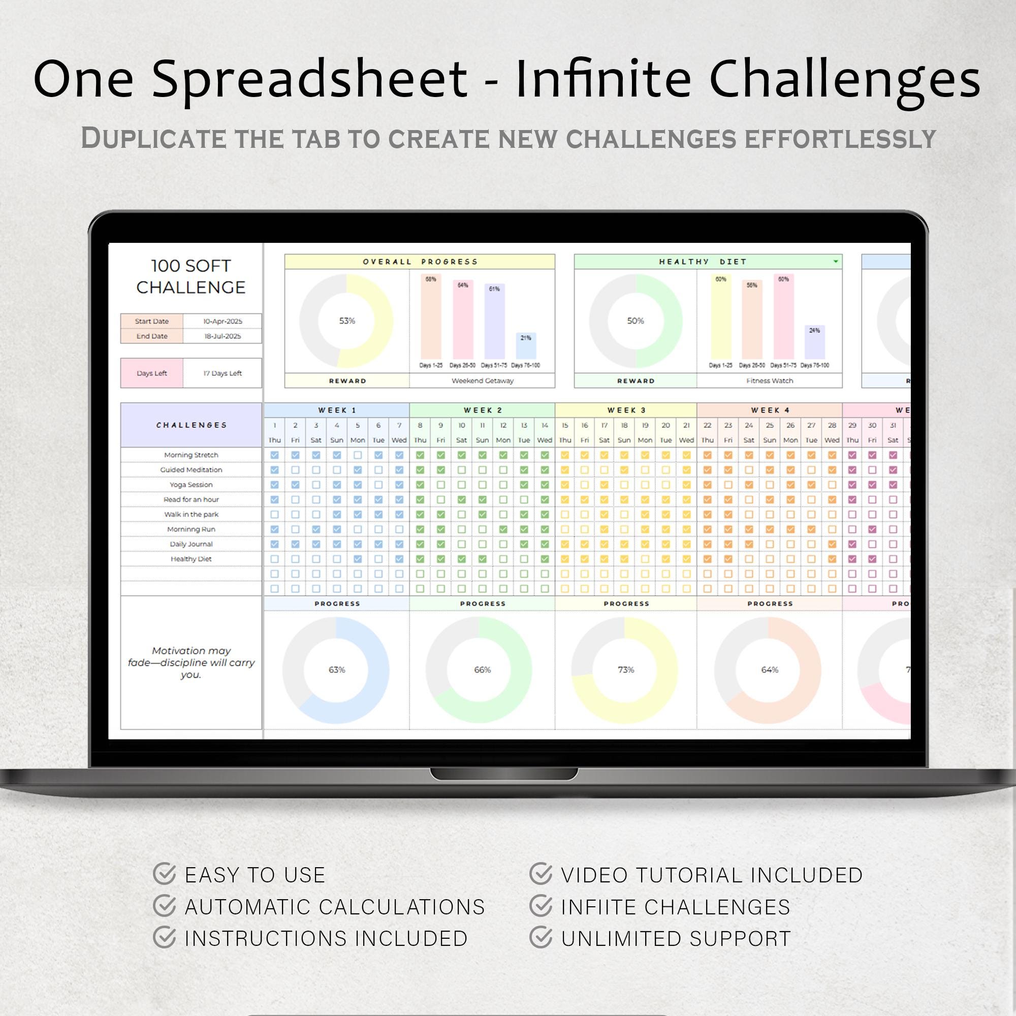 100 Soft Challenge Spreadsheet Fitness Tracker Template 100 Easy ...