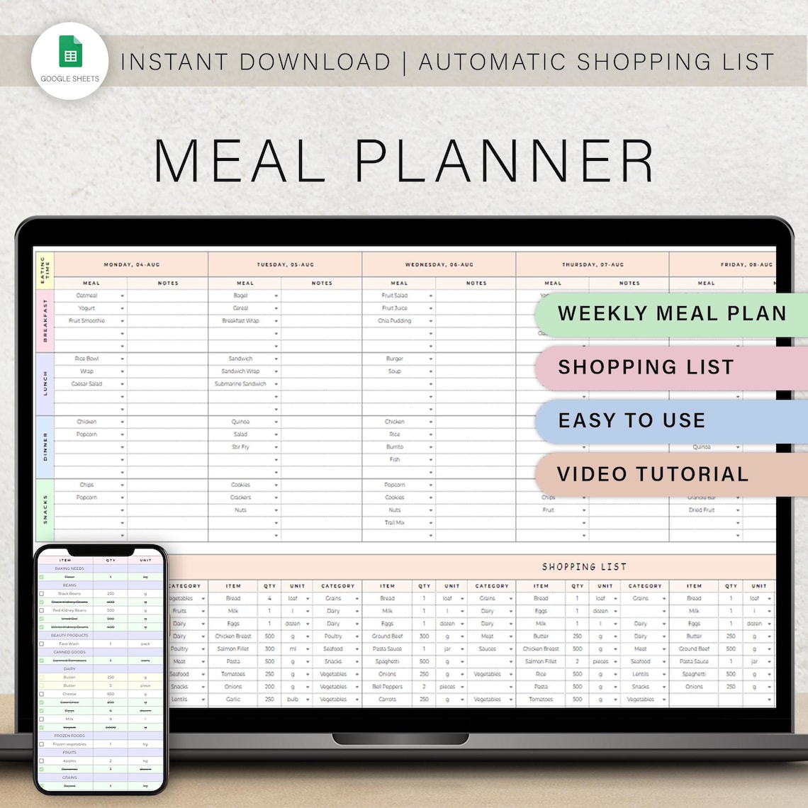 Weekly Meal Planner and Grocery List Spreadsheet Digital Meal Tracker ...