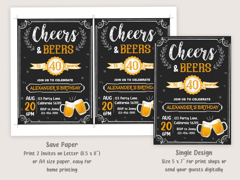 40th Cheers and Beers Birthday Invitation Chalkboard 40 Years ...